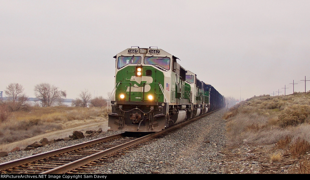 BNSF 1447 lead 2 other Green SD60M's060 (1